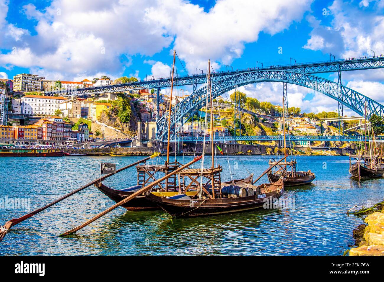 Centre of Porto, with the Luis I Bridge, a double-deck metal arch ...