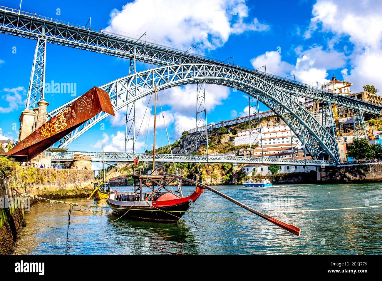 Centre of Porto, with the Luis I Bridge, a double-deck metal arch bridge that spans the River ...