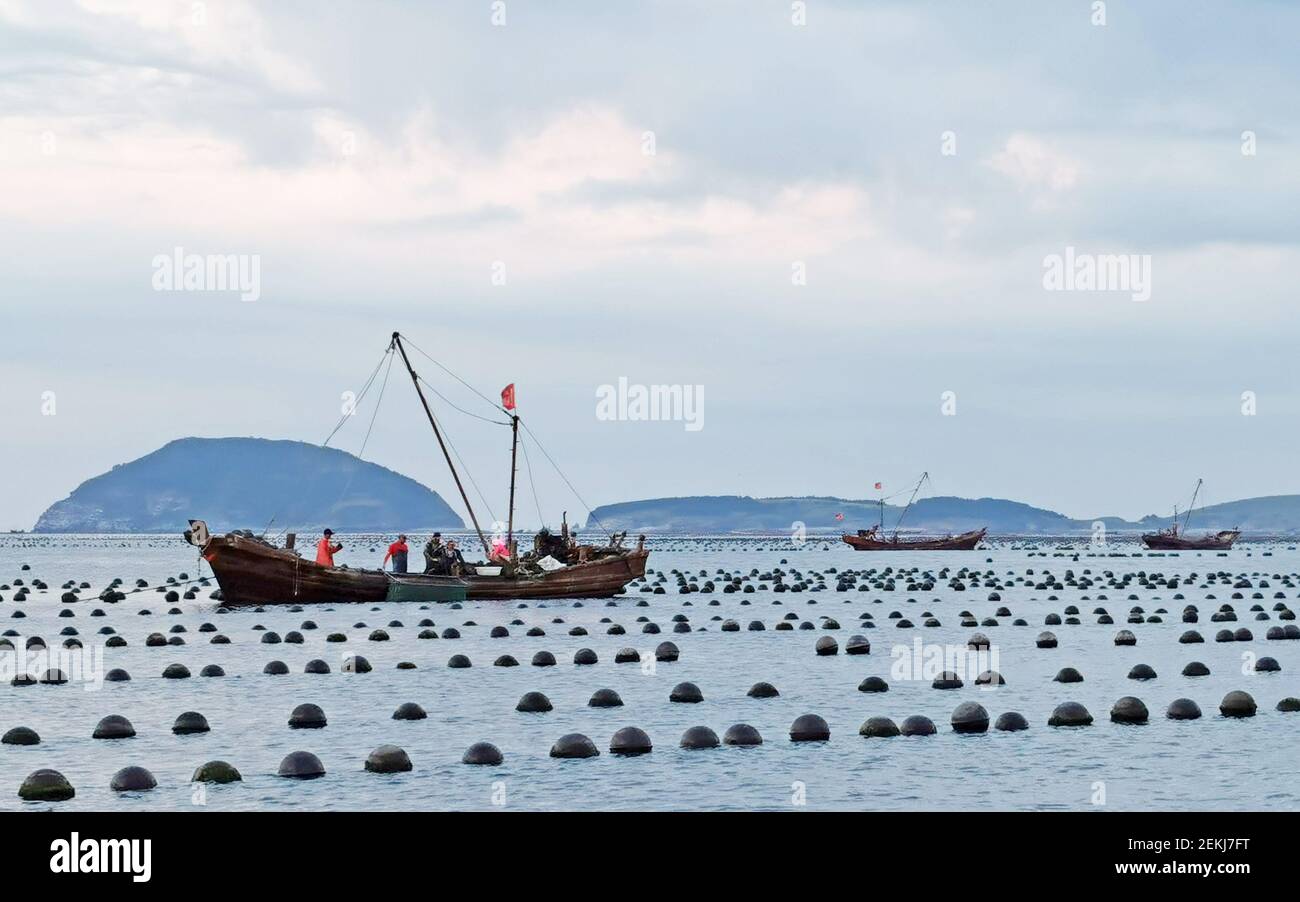 Aerial view of fishermen sailing a boat and fishing at the water aera ...