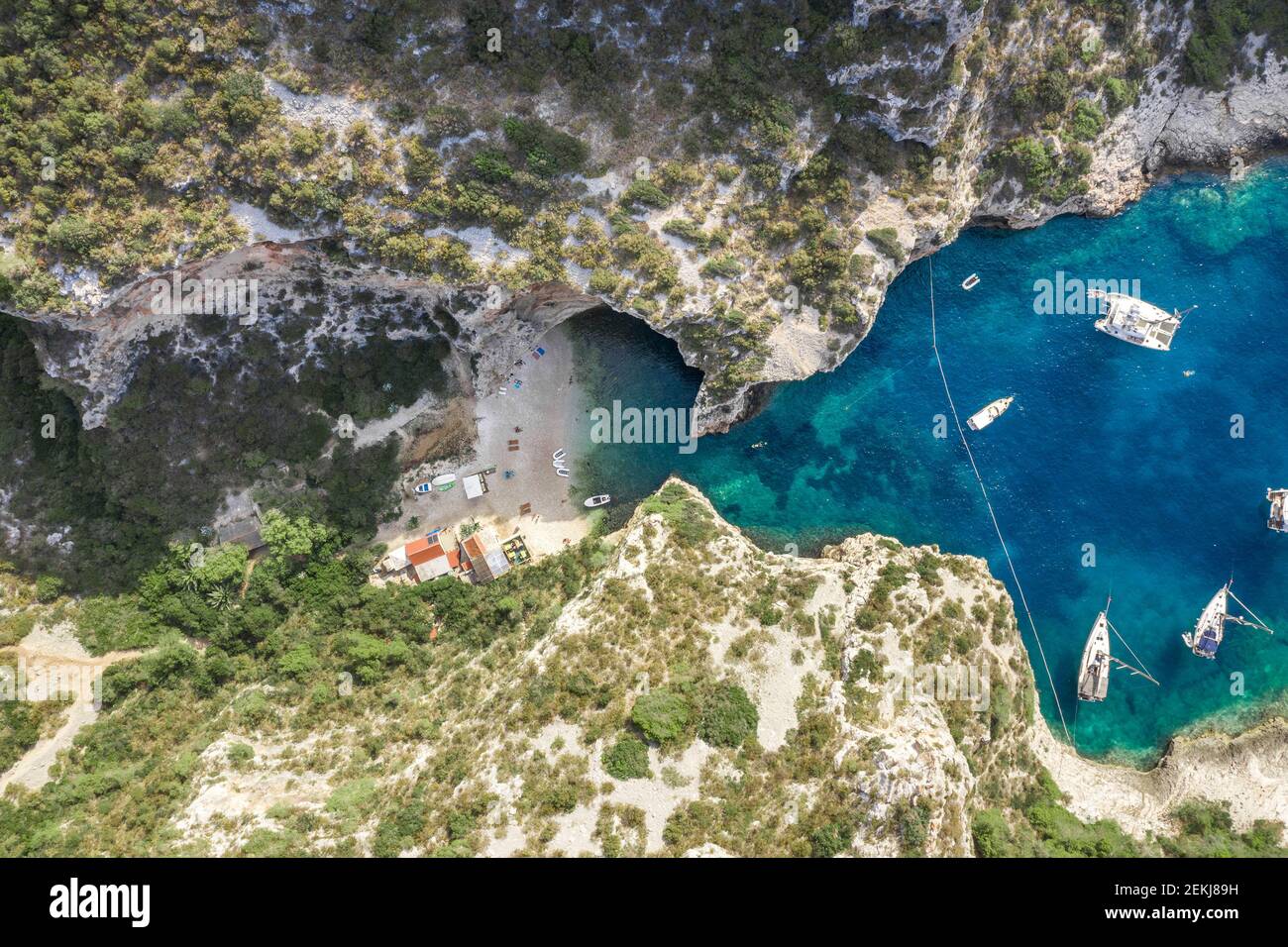 Aerial overhead drone shot of Stiniva covert cove beach in Adriatic sea ...