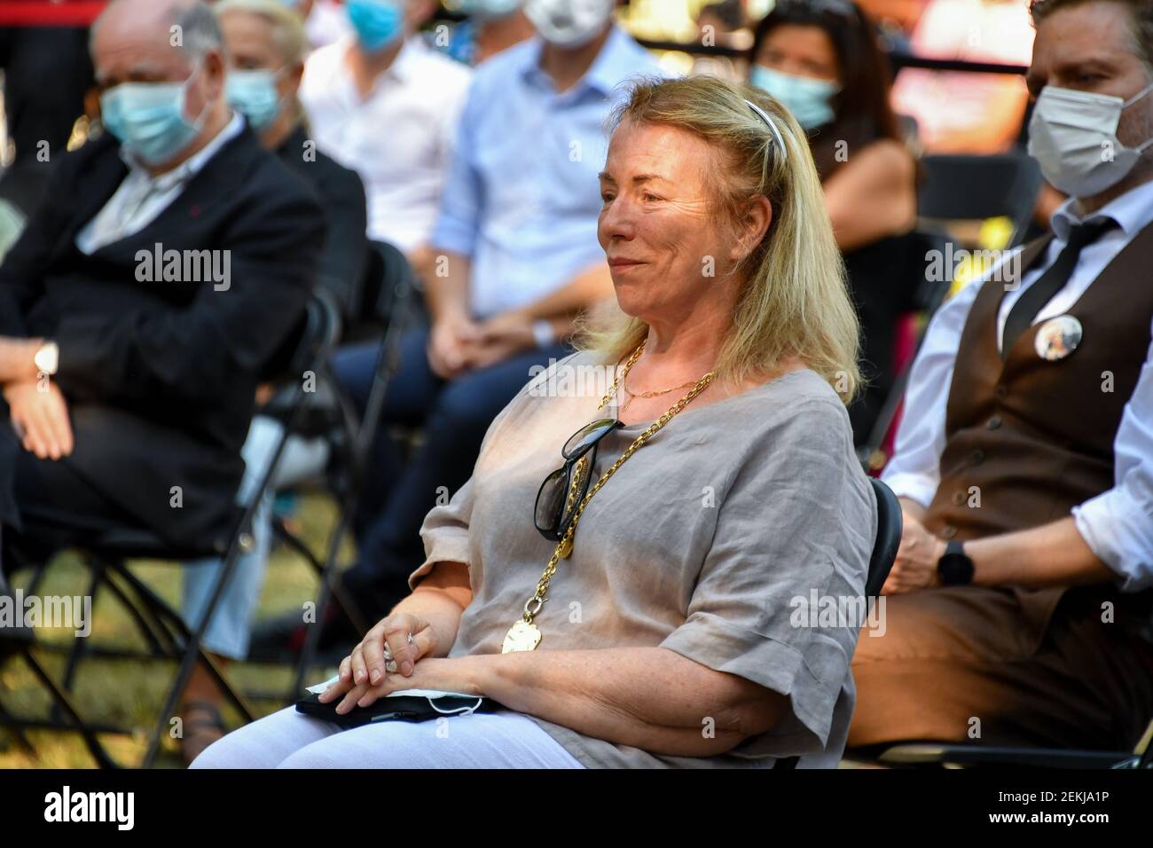 Michele Lebon attends the Funeral of Annie Cordy at the Butte de Saint ...