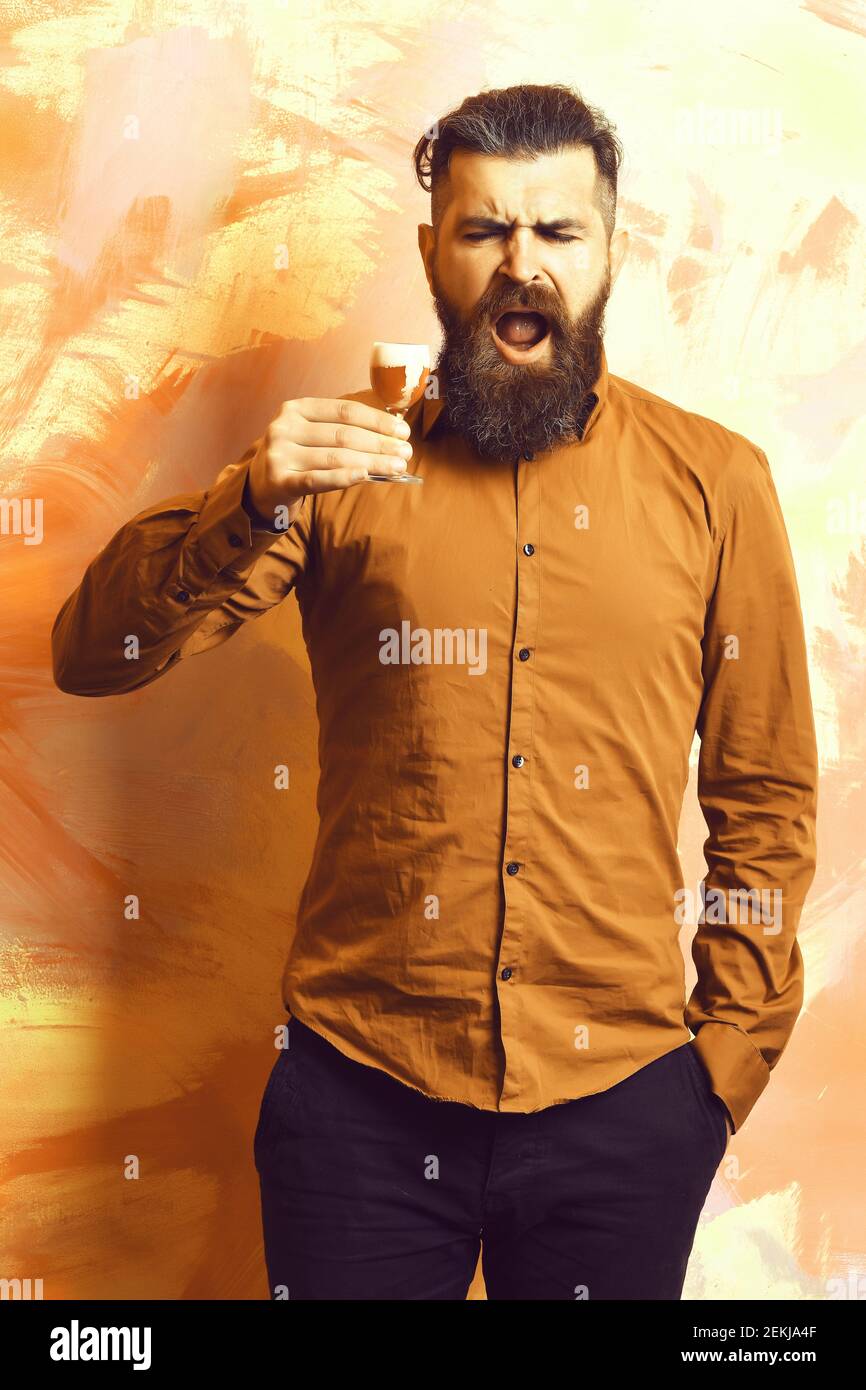 Bearded man, long beard. Brutal caucasian yawning hipster with ...