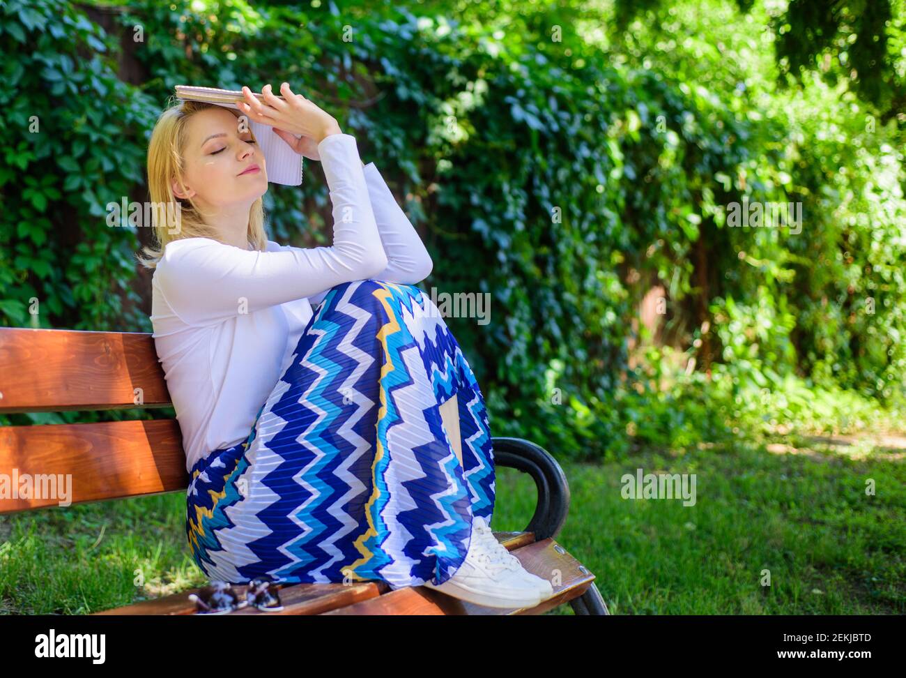 Boring literature. Woman tired face blonde take break relaxing in ...