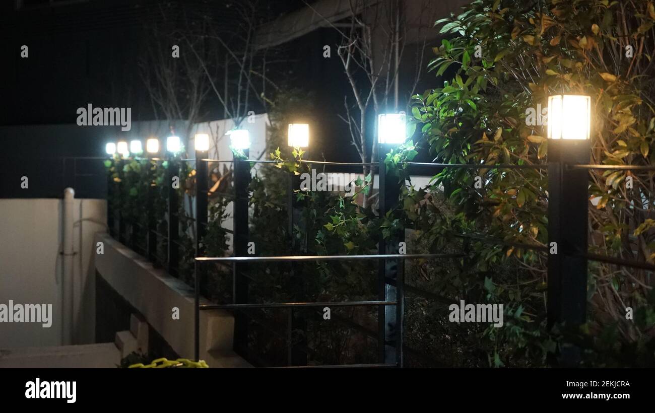 Colorful Small Lamp Line up on the Guardrail Front of the Building ...