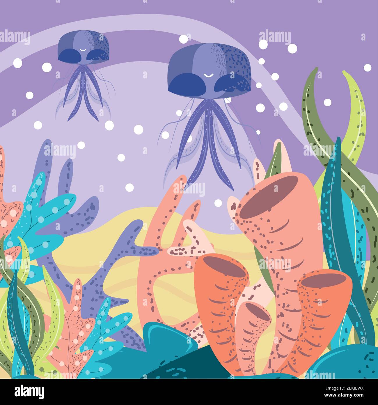 underwater world marine habitat jellyfish and coral vector cartoon ...