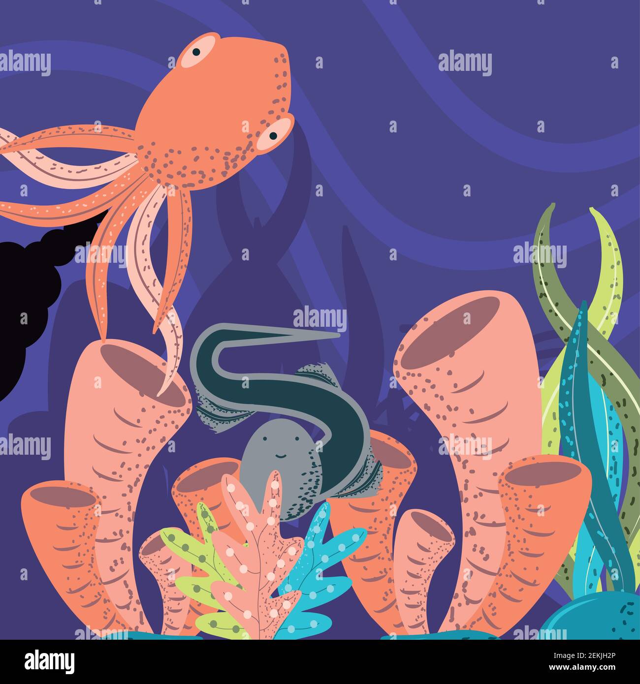 underwater world octopus eel coral reef algae vector cartoon ...
