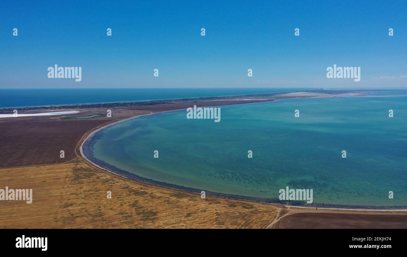 Aerial drone view of blue sea, sky and coastline. Beautiful tropical ...