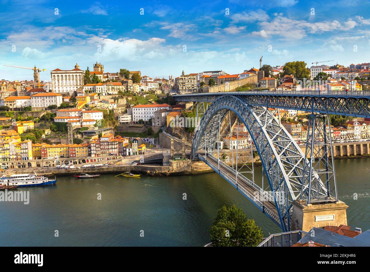 Panoramic aerial view of Dom Luis Bridge in Porto in a beautiful summer ...