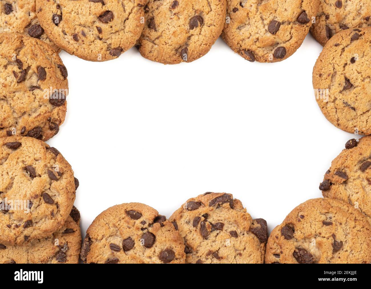 Frame of chocolate chip cookies over white background with copy space ...