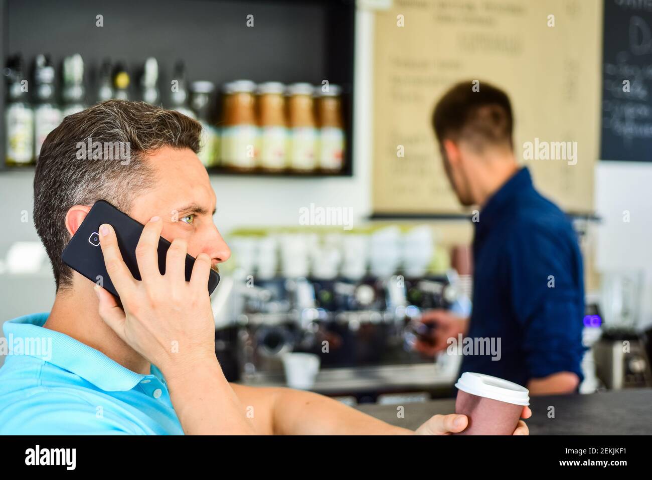 Coffee to go useful option for busy people. Call friend to have drink ...