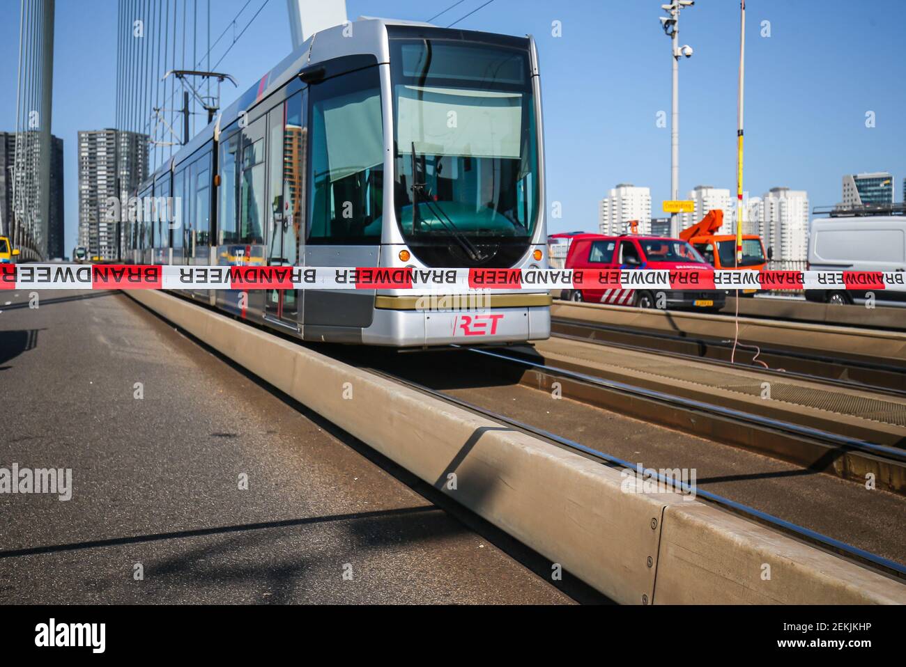 ROTTERDAM, 14-09-2020,Tram line collapses on the Erasmus Bridge in ...