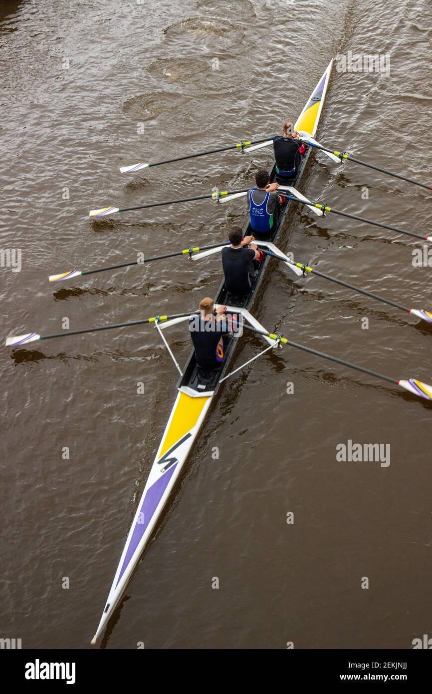 Four man rowing team practicing on the River Ouse in York, North ...