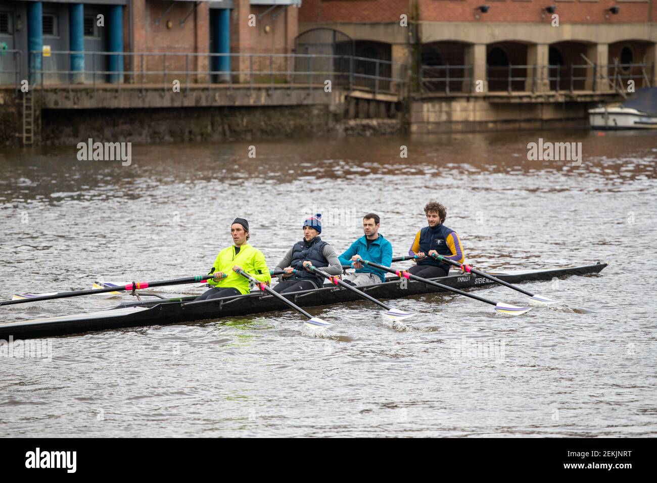 Four man rowing team practicing on the River Ouse in York, North ...