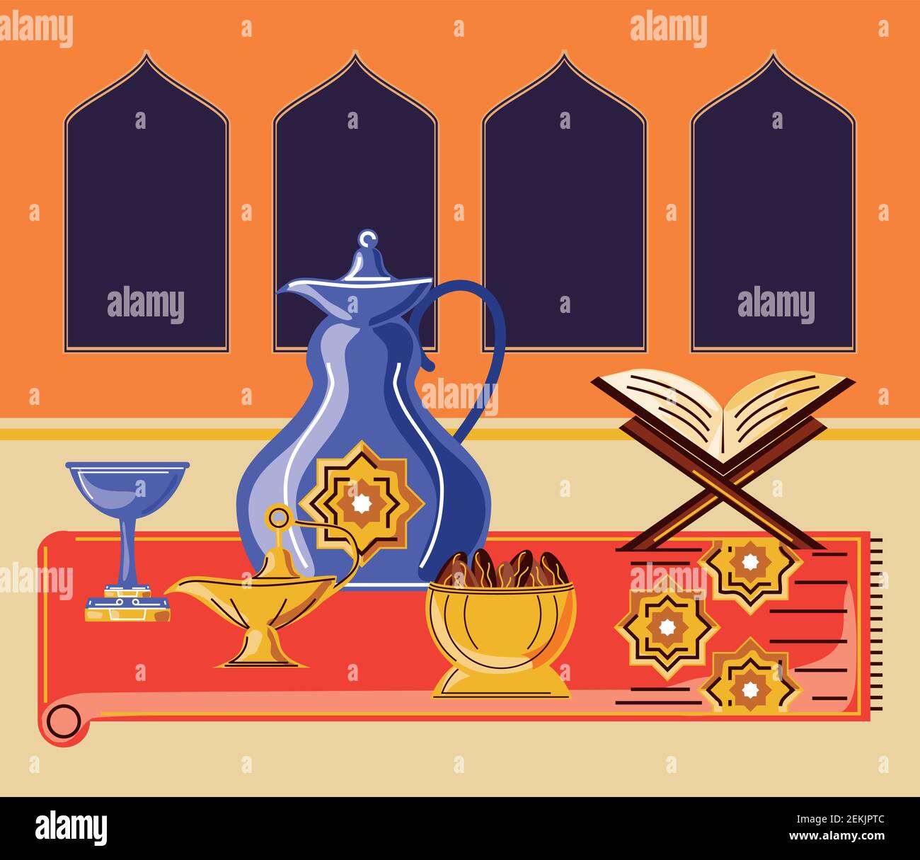 ramadan celebration arabic with quran book kettle food lantern vector ...