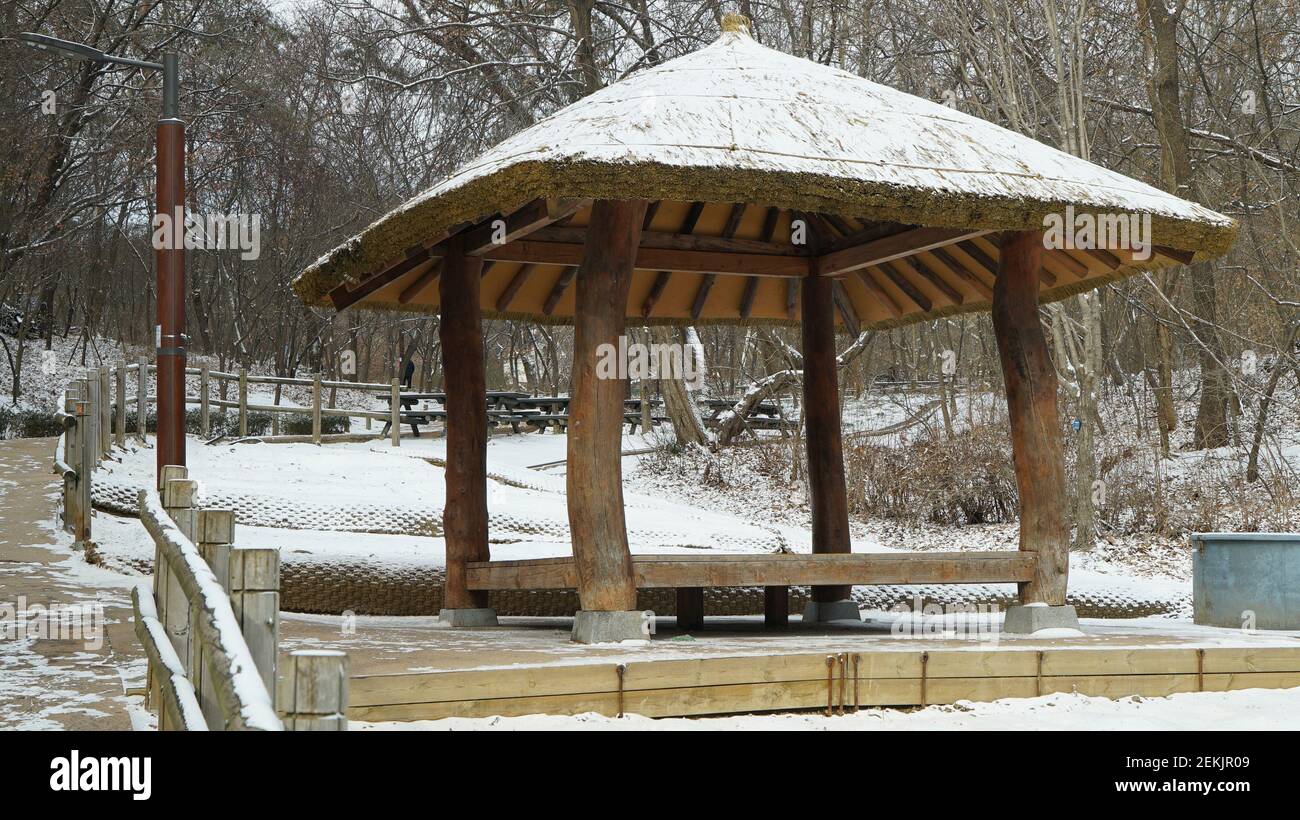 Snowy Asian Traditional Hut on the Hiking Trail Rest Area Stock Photo ...