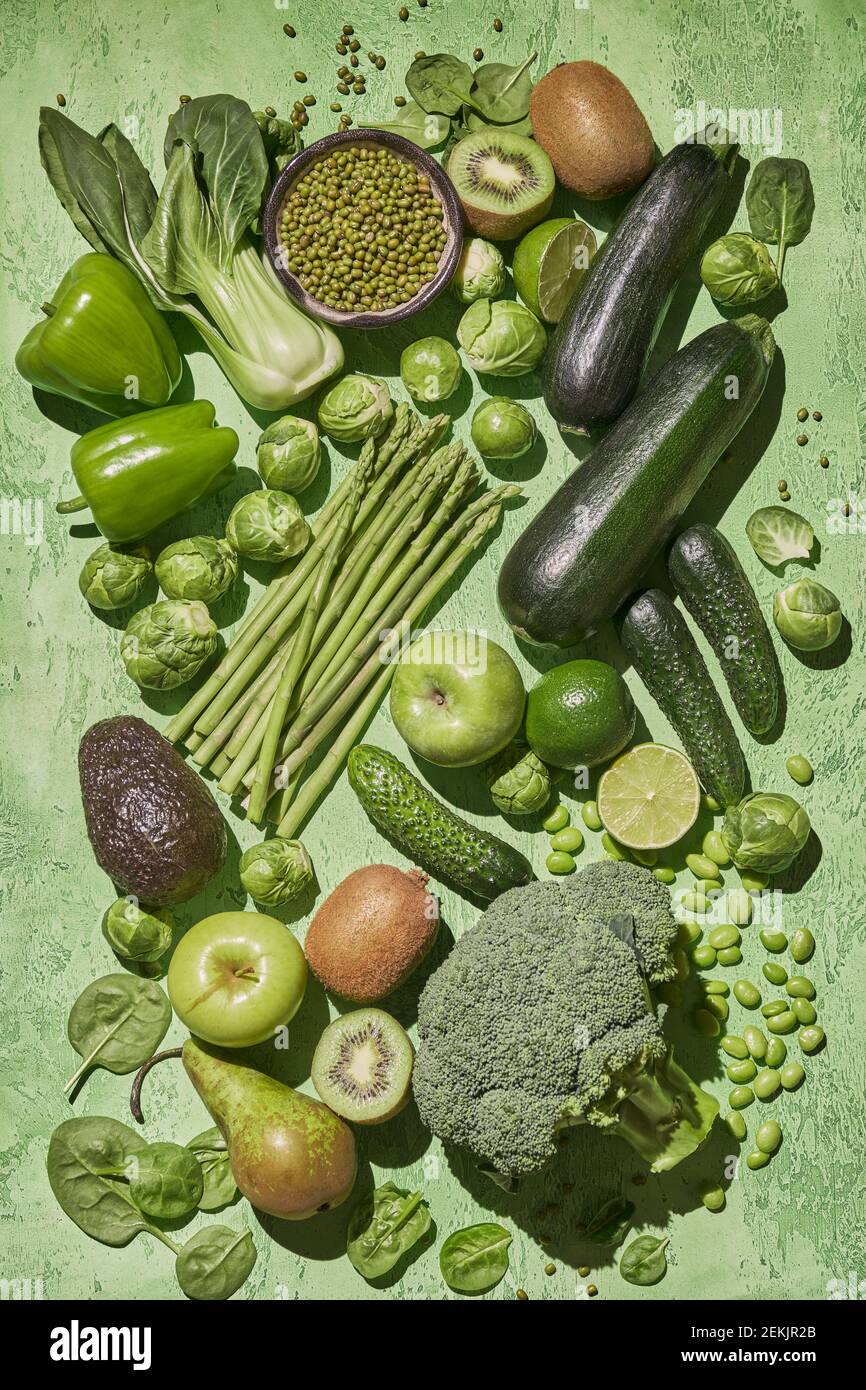 Collection of fresh green vegetables. Broccoli, zucchini, asparagus ...