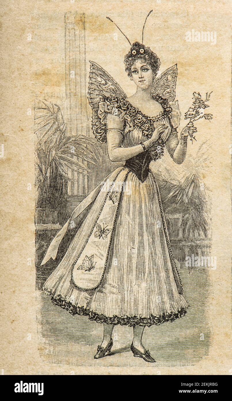Women wearing vintage festive clothing. Antique fashion magazine page ...