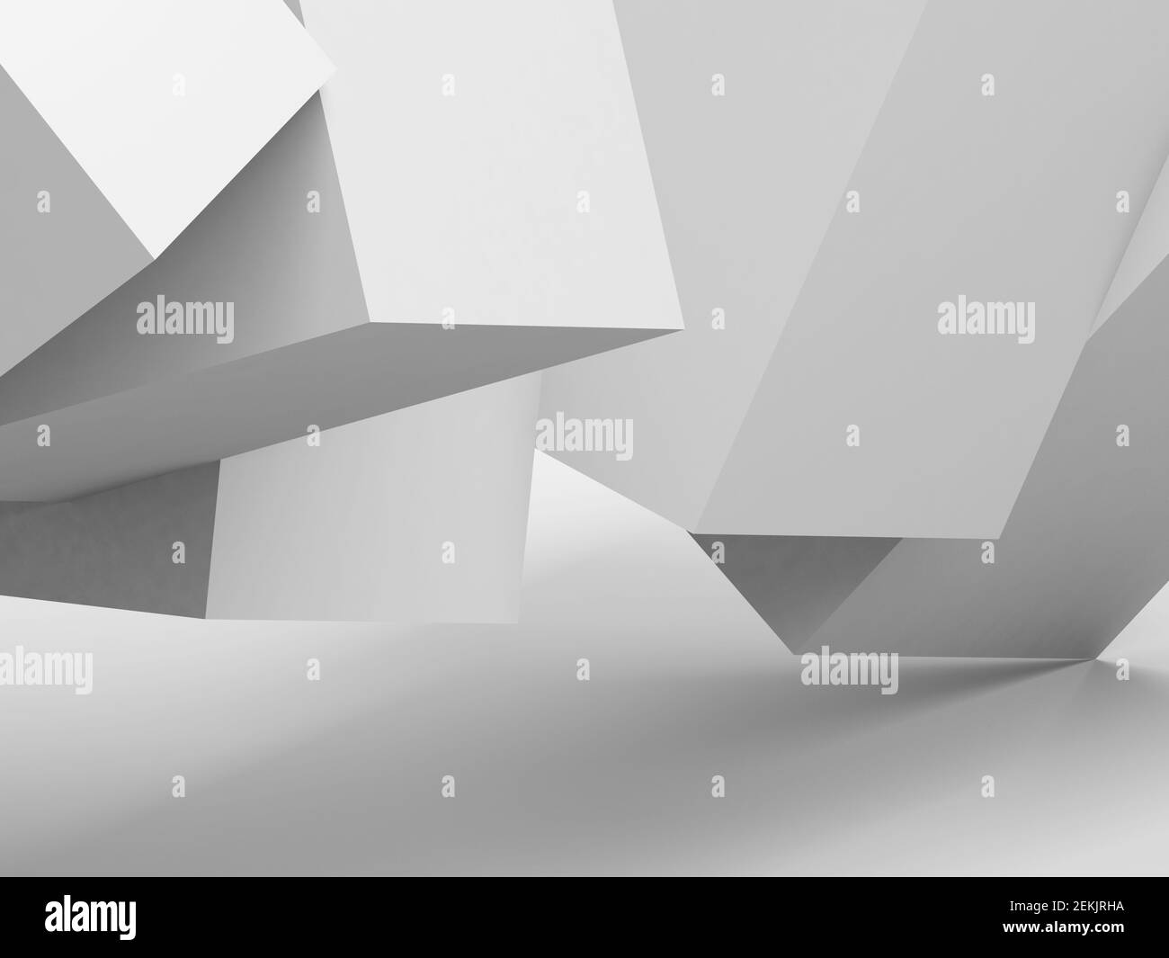Abstract white cubes installation in an empty studio room. 3d rendering ...