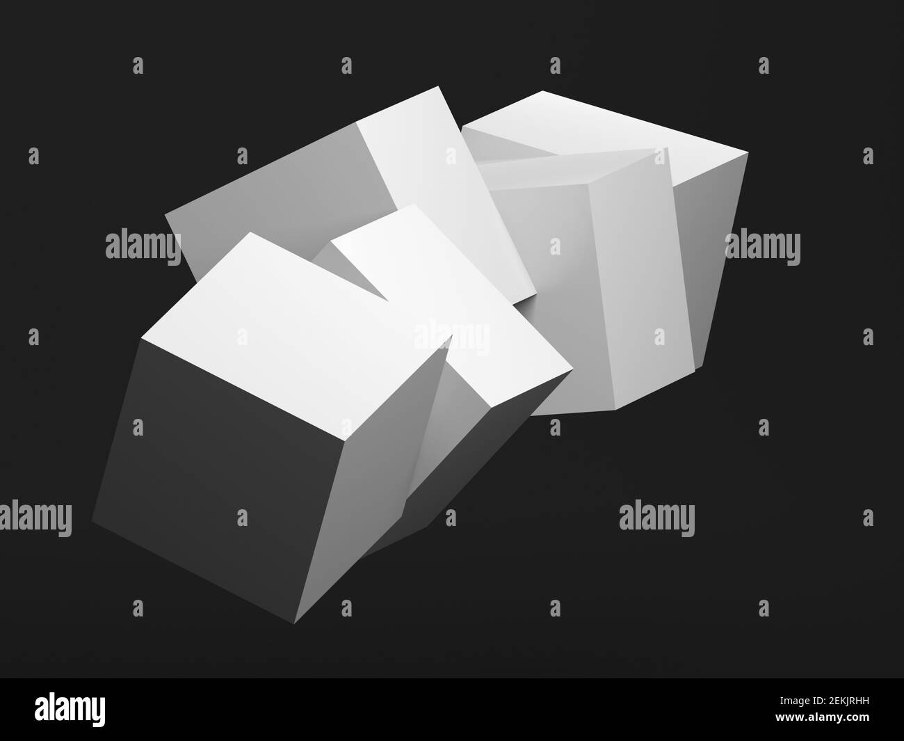Abstract installation of five white cubes in an empty black room. 3d ...