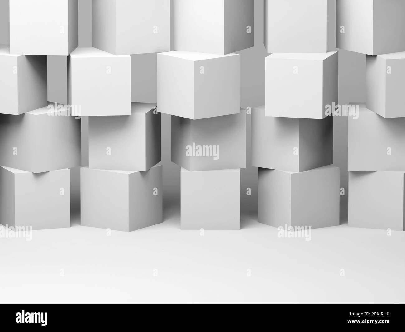 Abstract cubes wall installation in a white studio room. 3d rendering ...