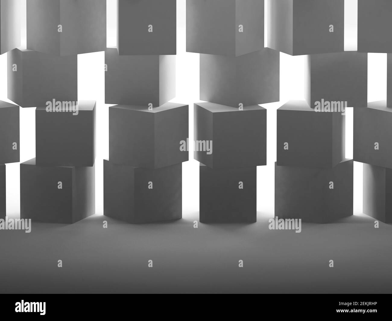 Abstract white cubes wall installation with back lit illumination. 3d ...