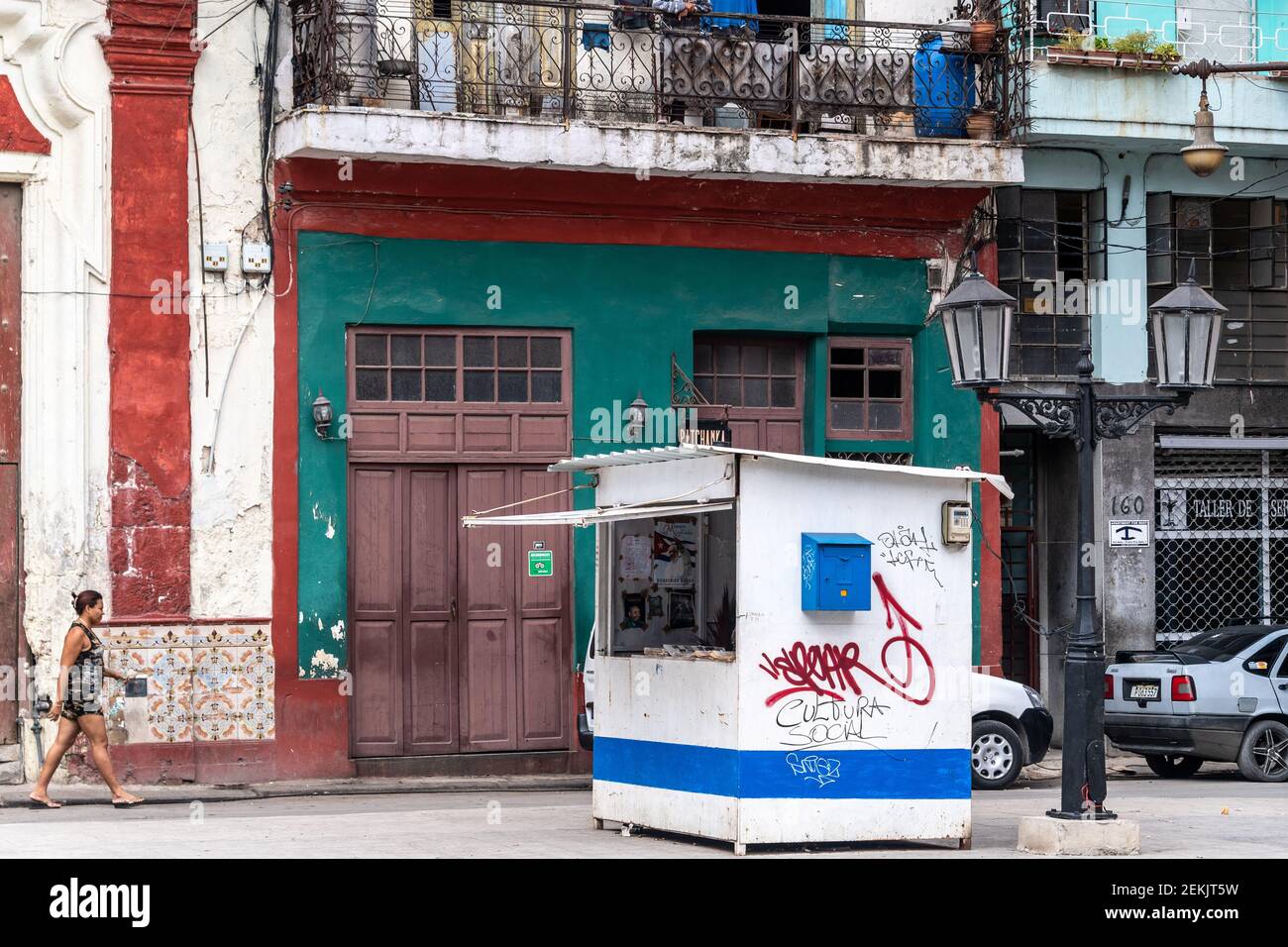 Run down building facade and media-selling kiosk, Havana, Cuba, 2017 ...