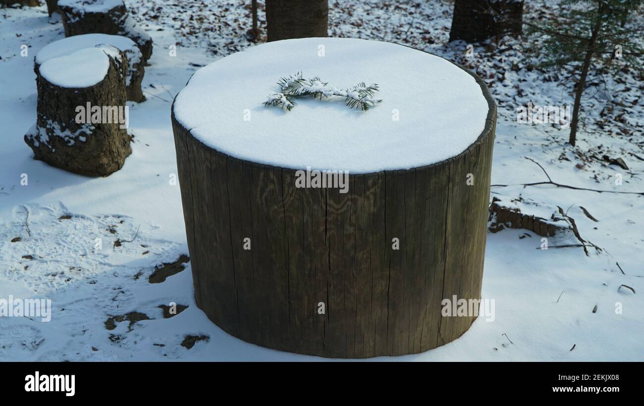 Snowy Cylindrical wood structure on the Mountain Trail Stock Photo - Alamy