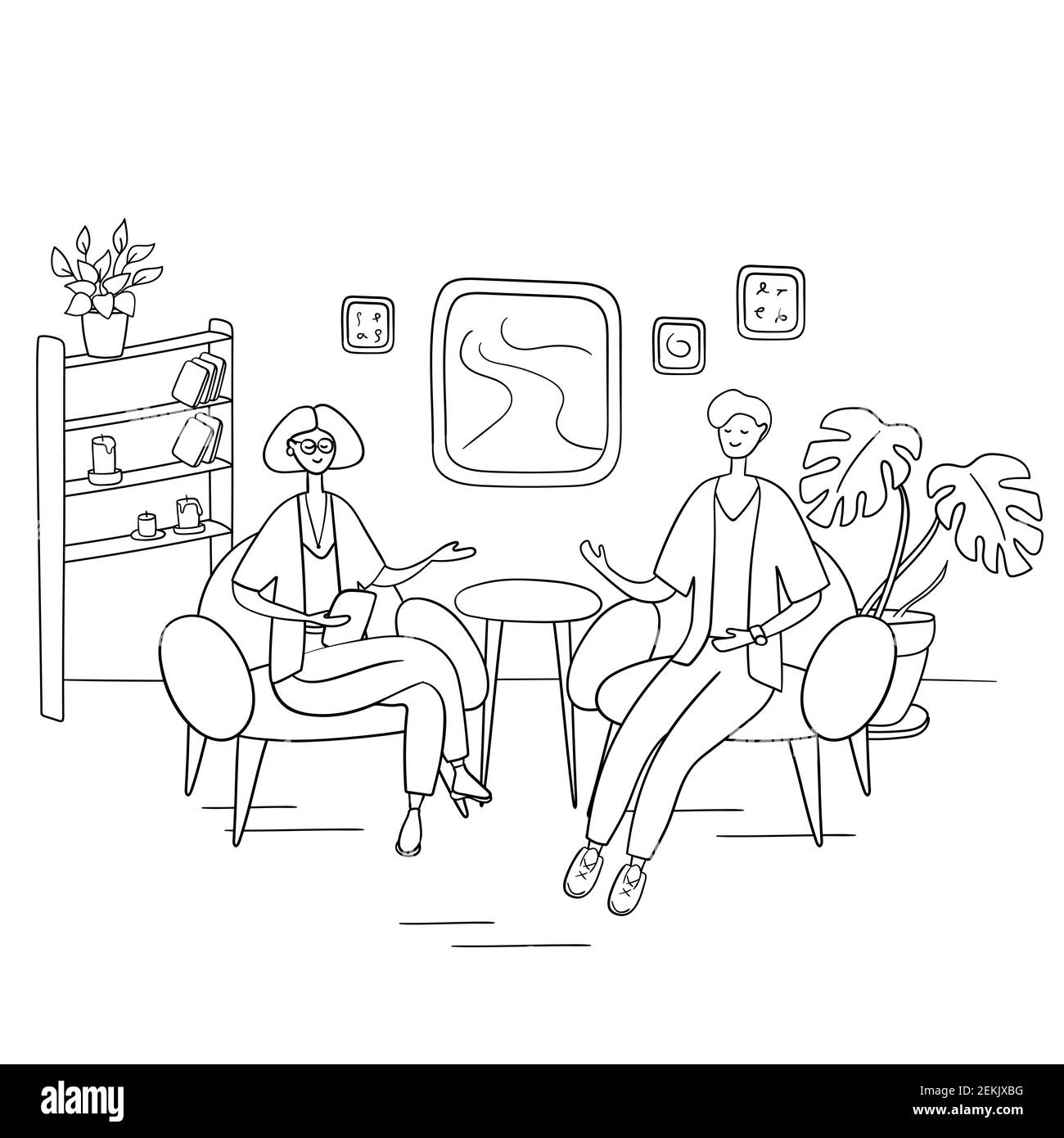 Interview show. Interviewer asks young man questions. Two people sit on ...