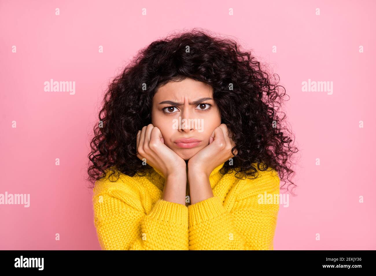Photo portrait of grumpy moody depressed girl curly hairstyle isolated ...
