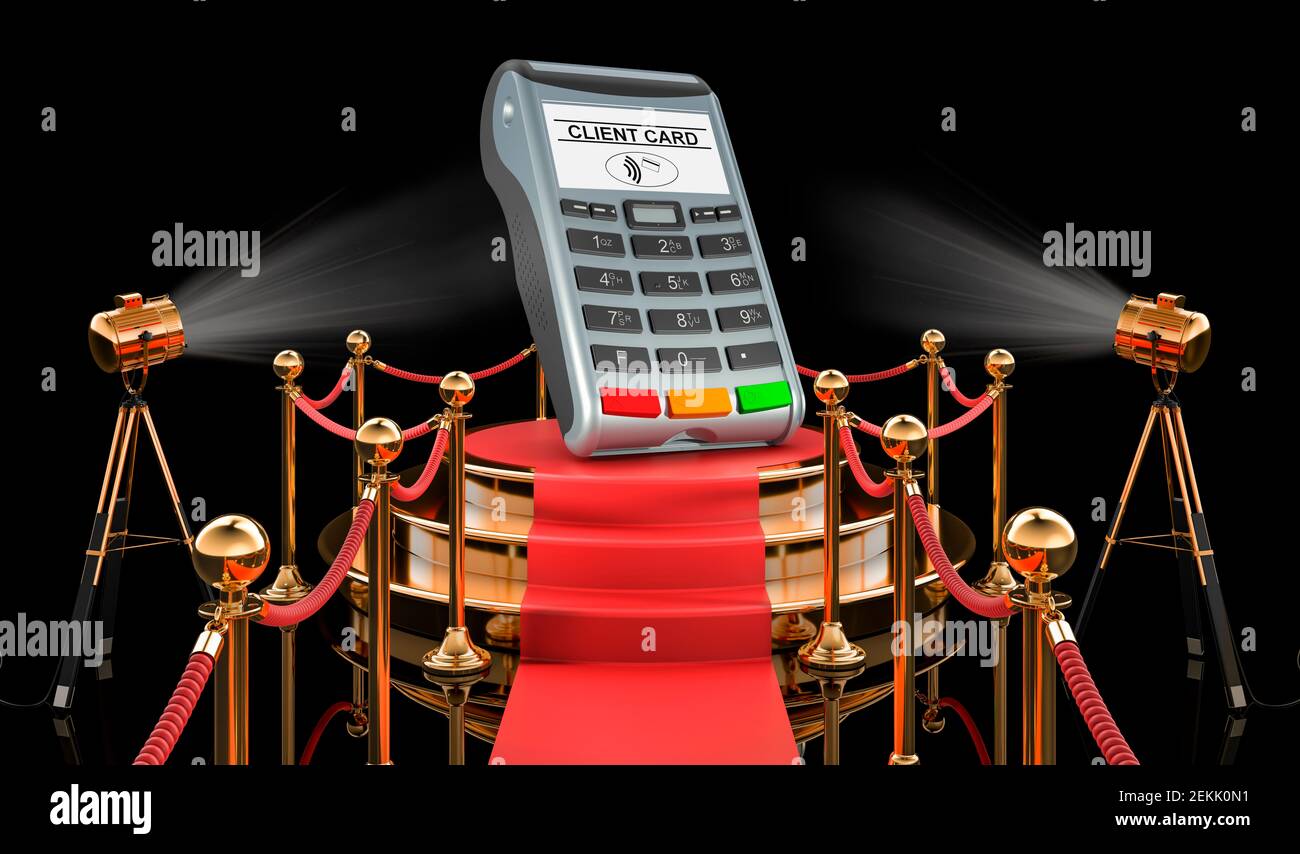 Podium with POS-terminal, 3D rendering isolated on black background ...