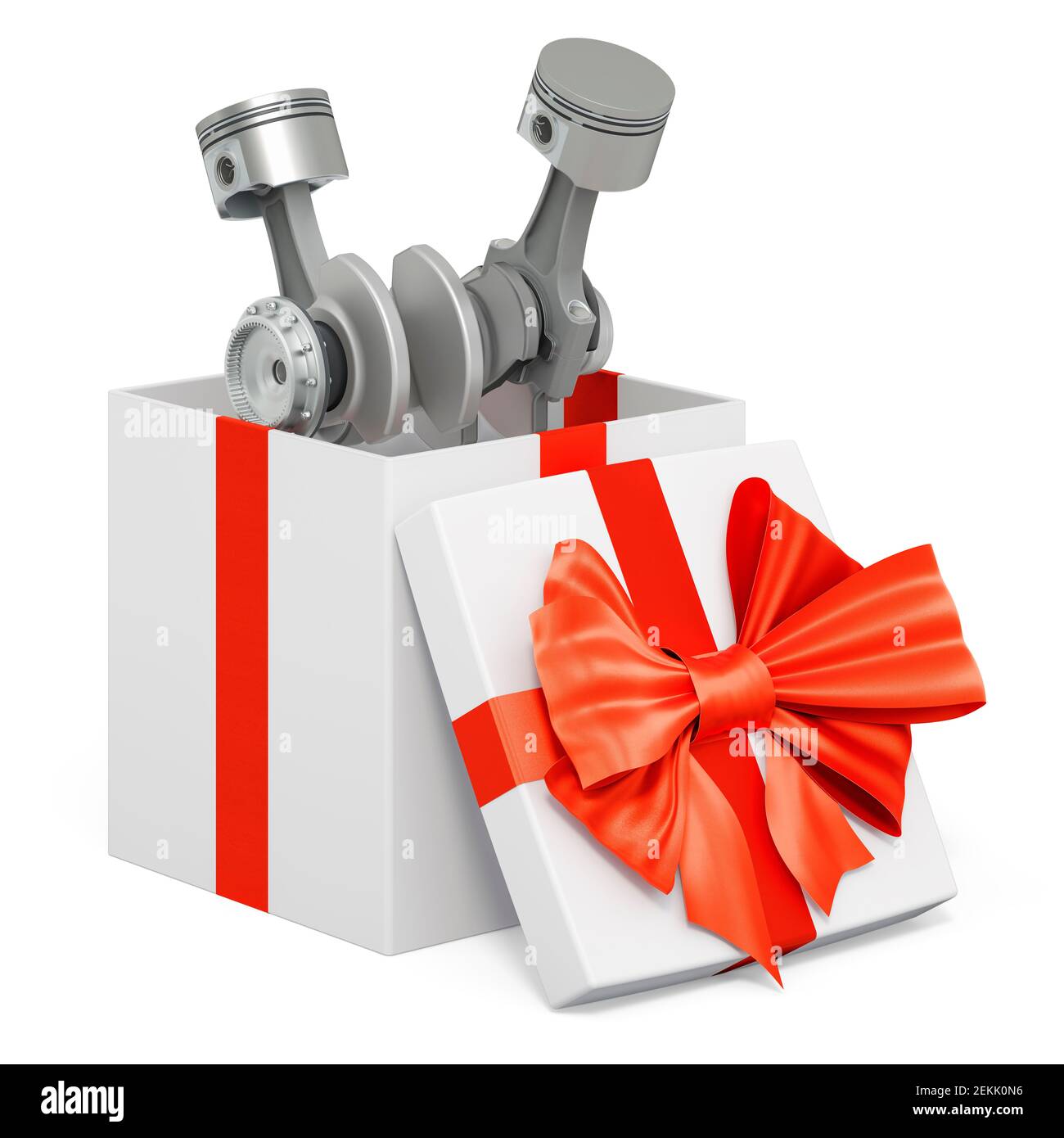 Engine pistons inside gift box, present concept. 3D rendering isolated ...