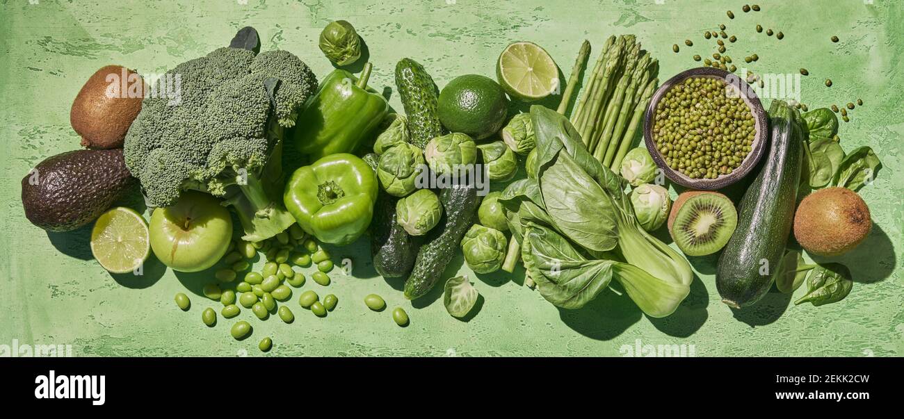 Collection of fresh green vegetables. Broccoli, zucchini, asparagus ...