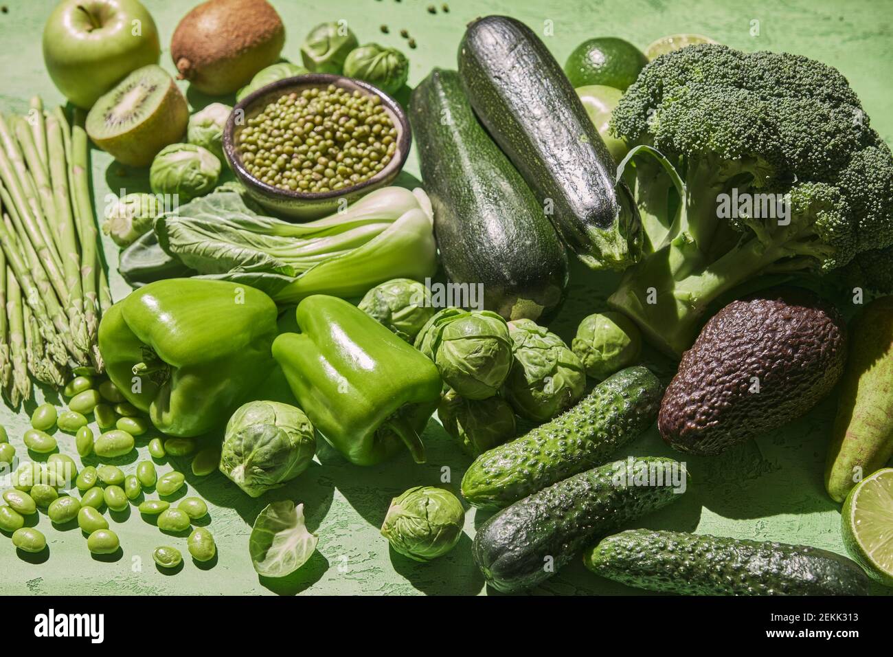 Collection of fresh green vegetables. Broccoli, zucchini, asparagus ...