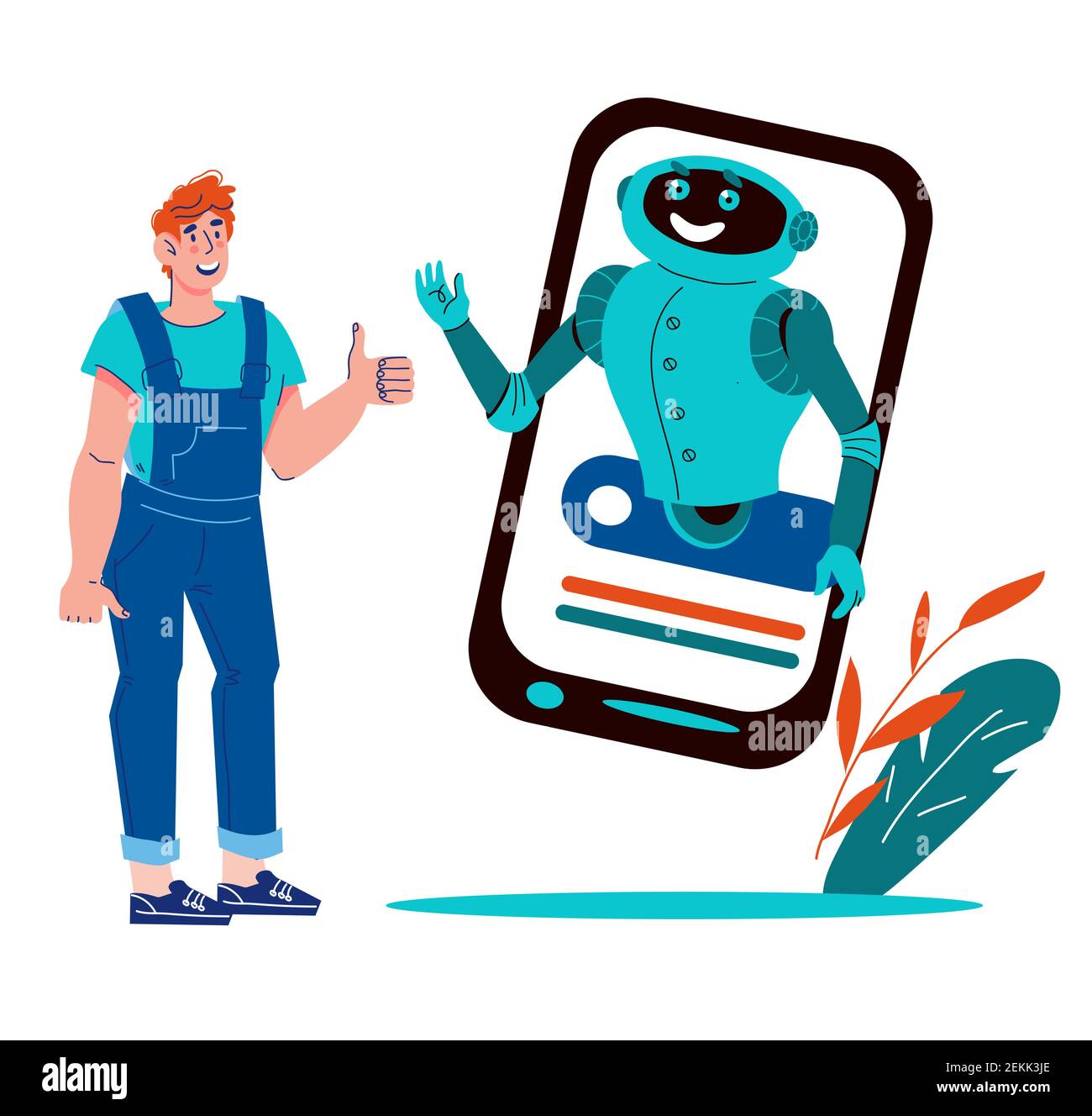 Man talking with robot assistant online, cartoon vector illustration ...