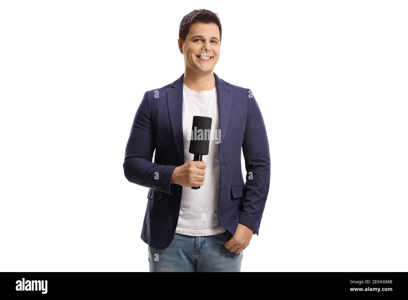Smiling male reporter with a microphone isolated on white background ...