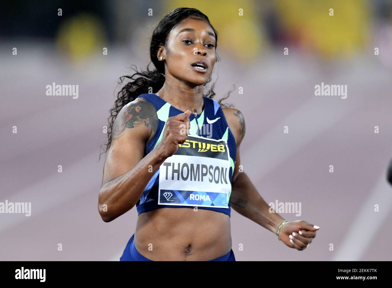 Elaine Thompson-Herah of Jamaica reacts at the end of the 100m women at ...