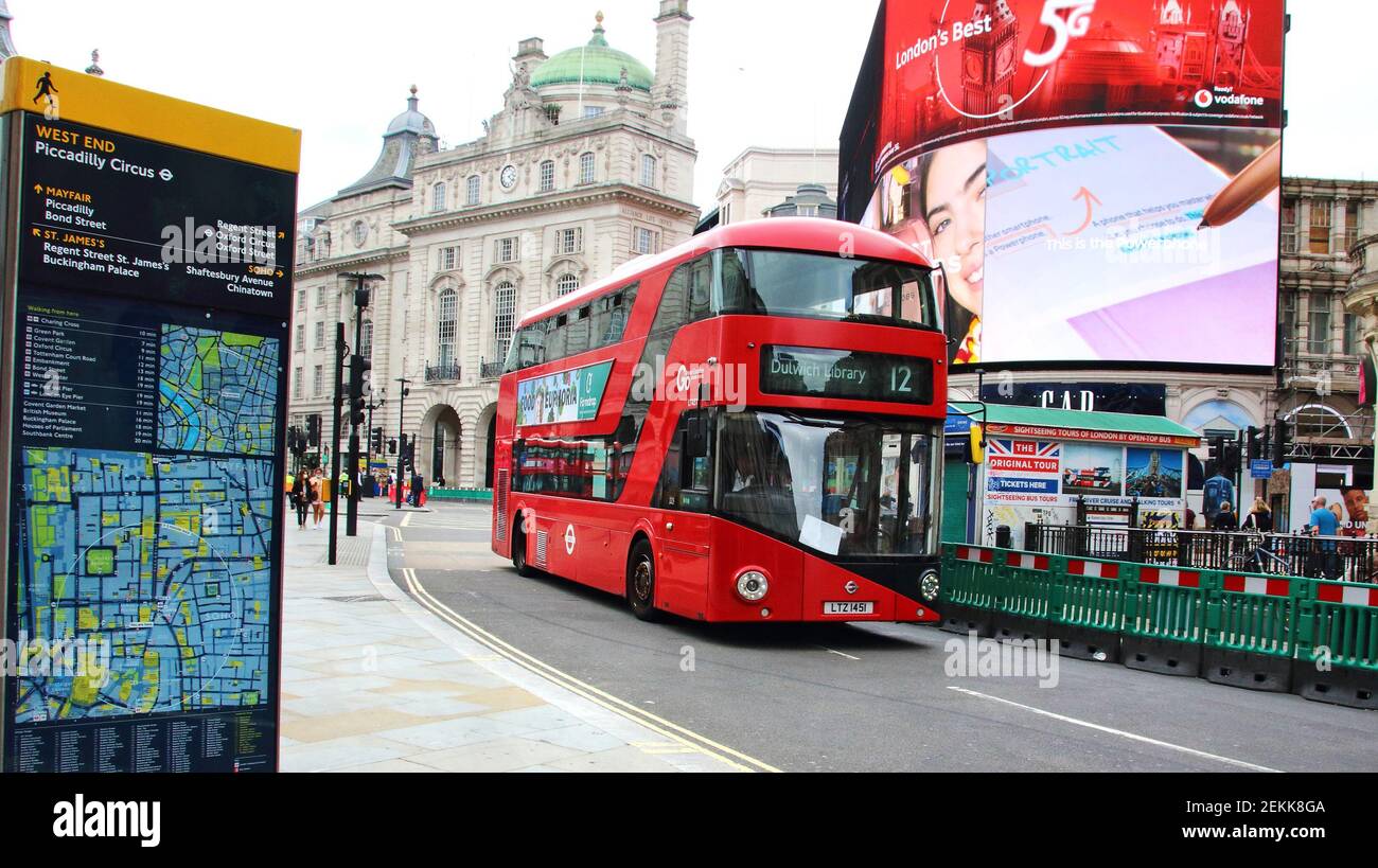 London red double Decker bus is seen at Piccadilly Circus. (Photo by Keith Mayhew / SOPA Images ...