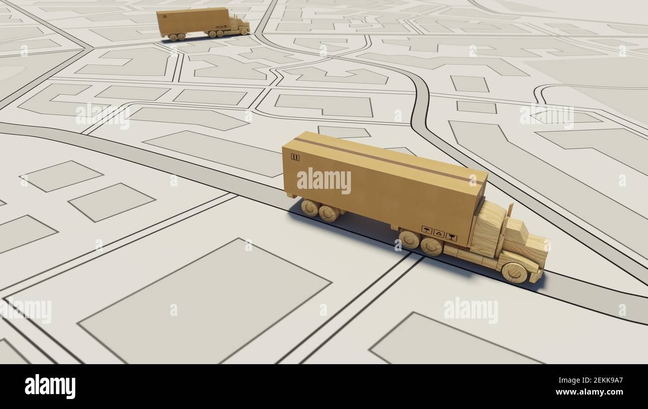 Big cardboard box package on a wooden toy truck ready to be delivered ...