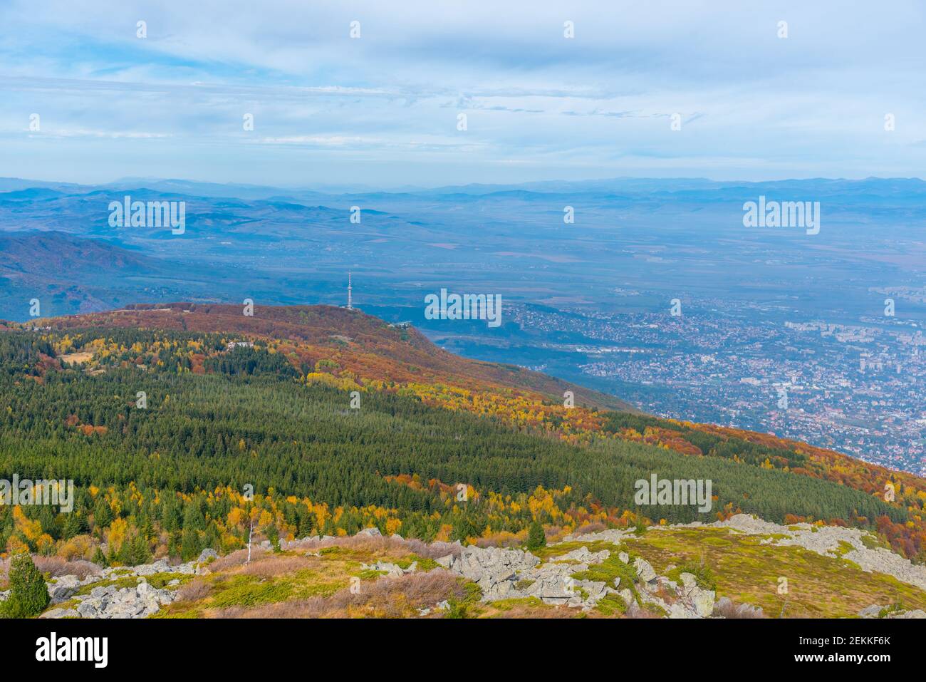 Aerial view of Kopitoto telecommunication tower at Vitosha mountain in ...