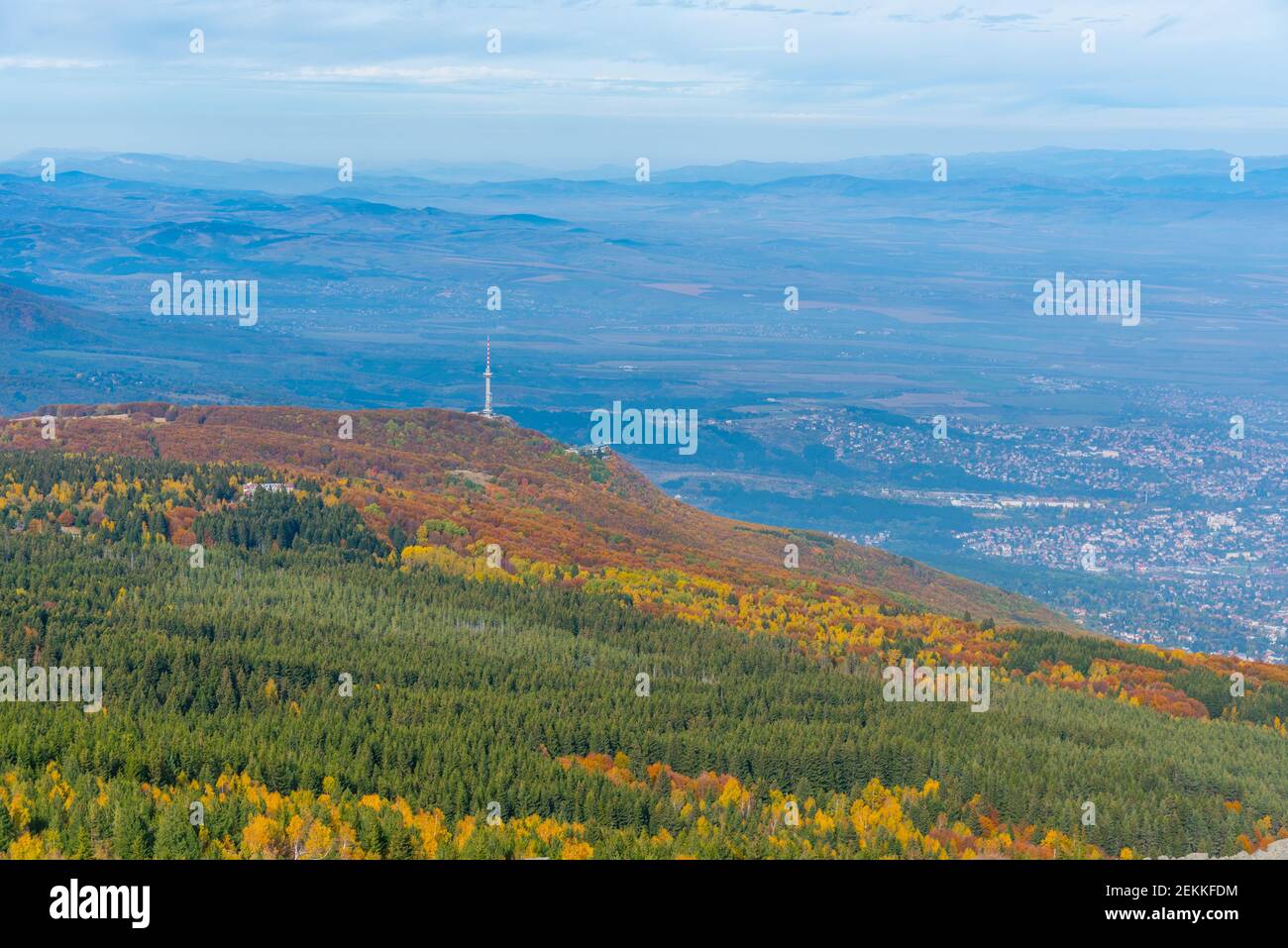 Aerial view of Kopitoto telecommunication tower at Vitosha mountain in ...
