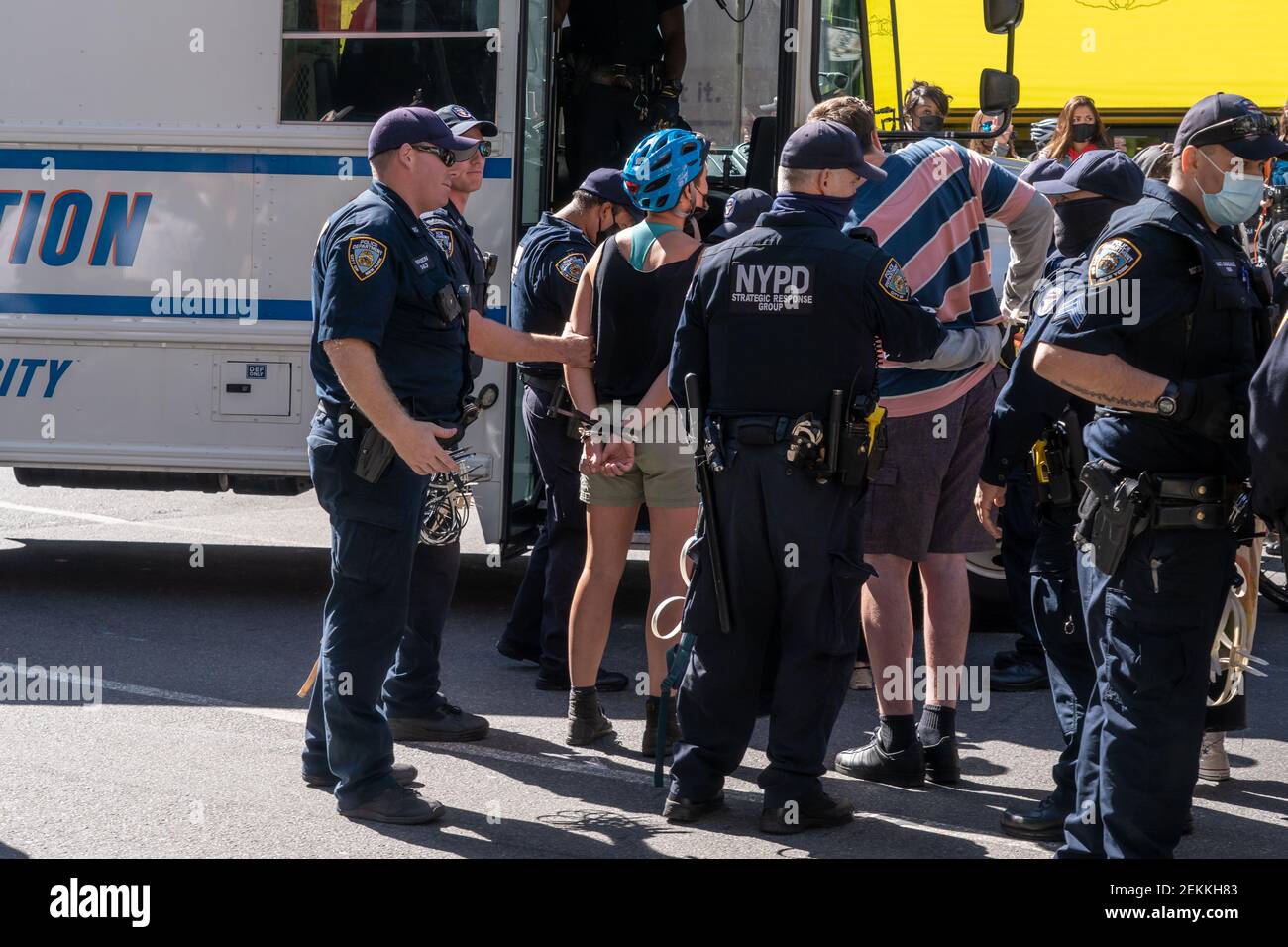 Protesters under arrest are being loaded into NYPD Police bus during an ...