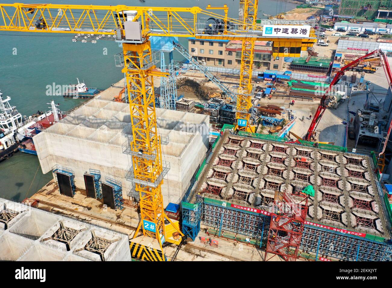 Aerial view of Qingdao Port undergoing expansion in Qingdao city, east ...