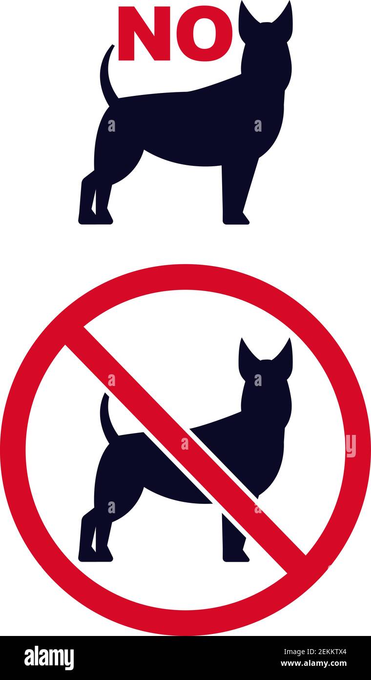 No dogs signs. Pet forbidden icons with dogs silhouette vector set. Red ...