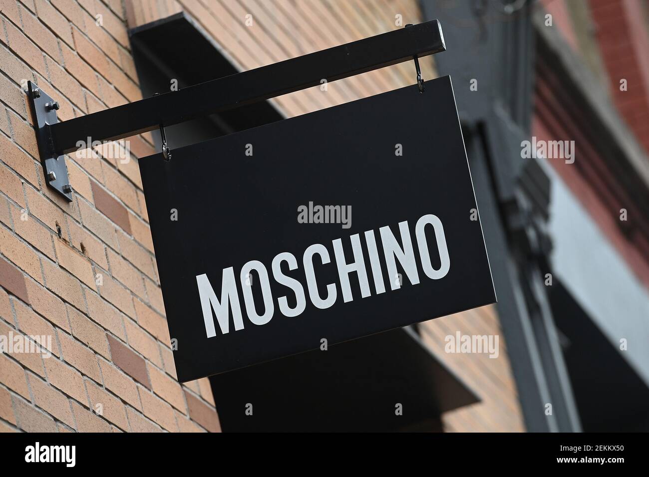Italian luxury brand Moschino banner seen outside its retail store in ...