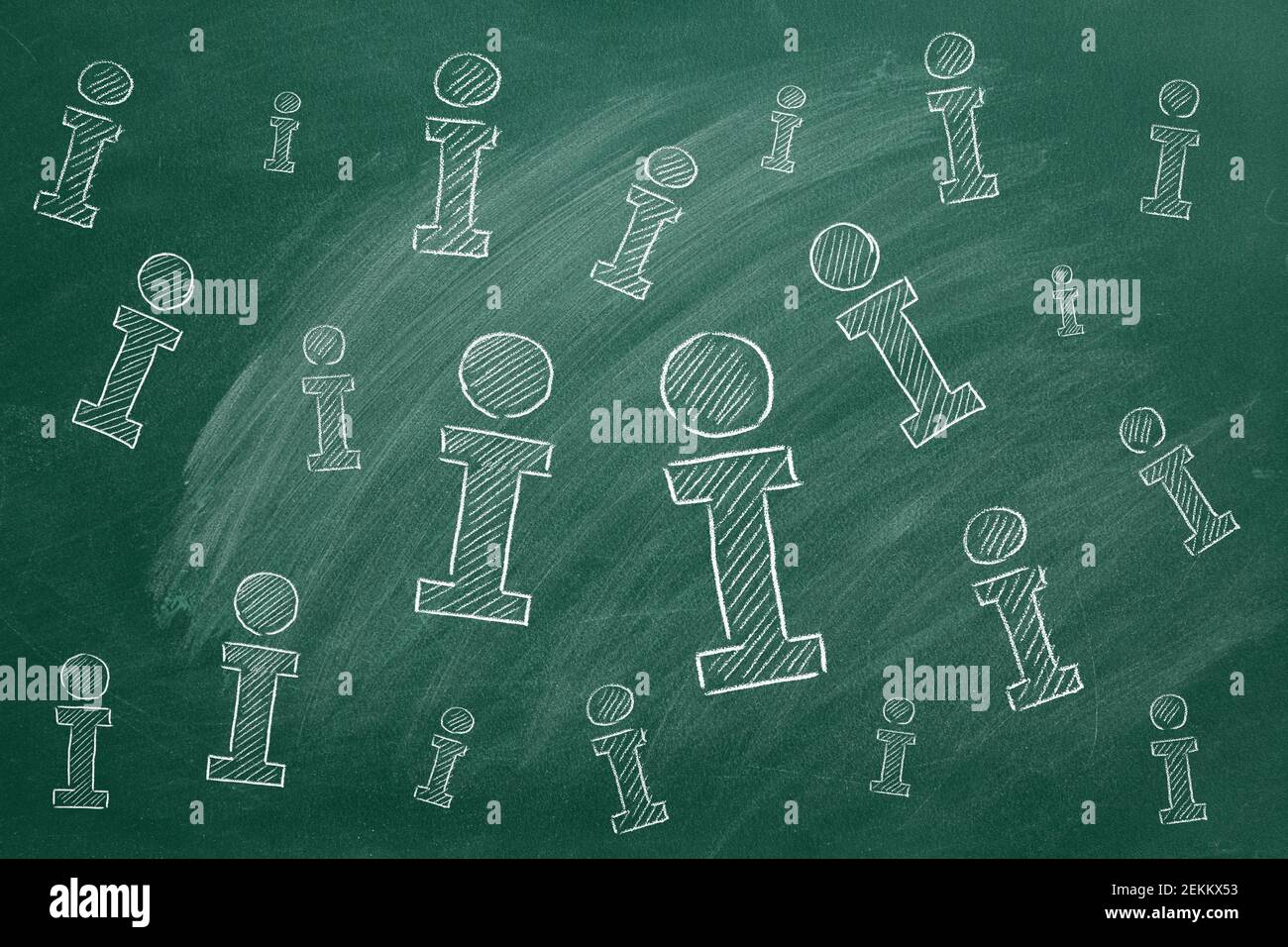 Letters I. Information signs. Info icons drawn in chalk on a green ...
