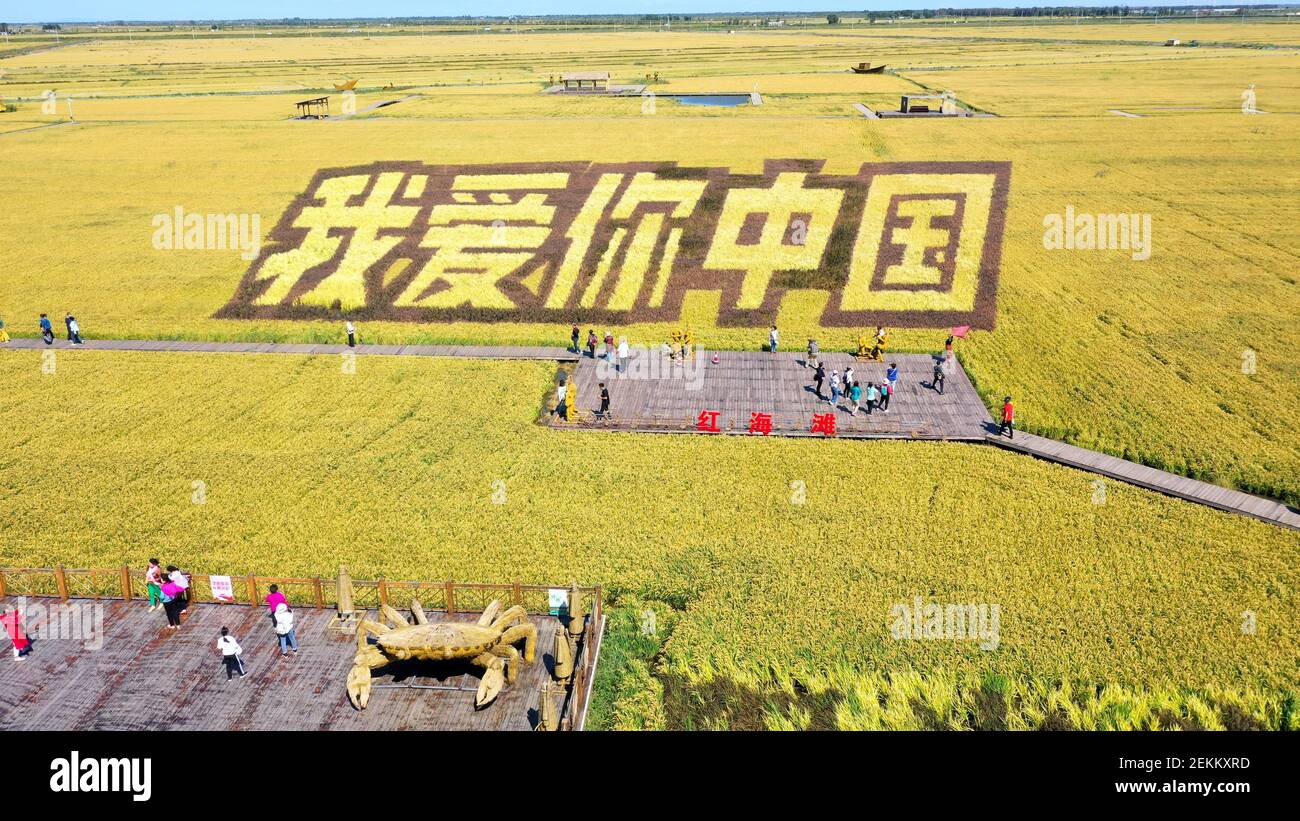 Five enormous yellow Chinese characters saying "I love you China" are ...