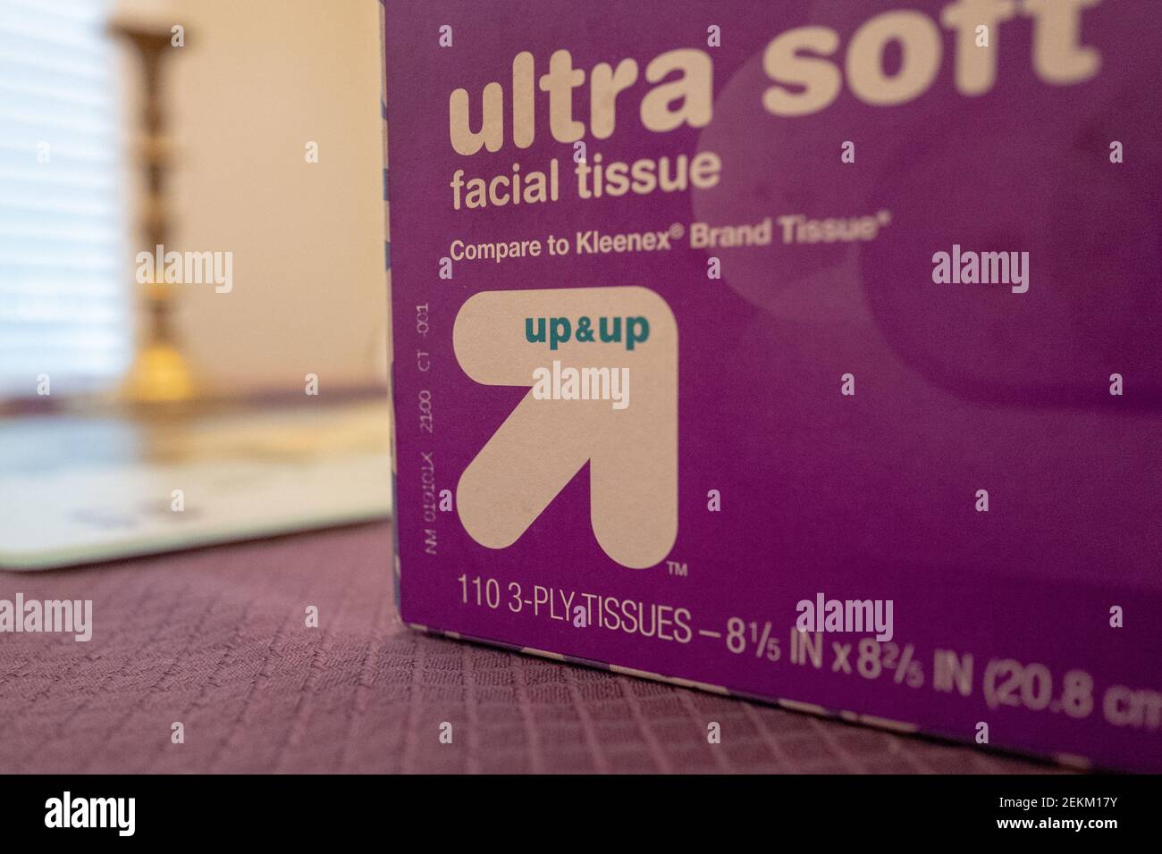 Close-up of logo for Target Up and Up store brand on facial tissue box ...