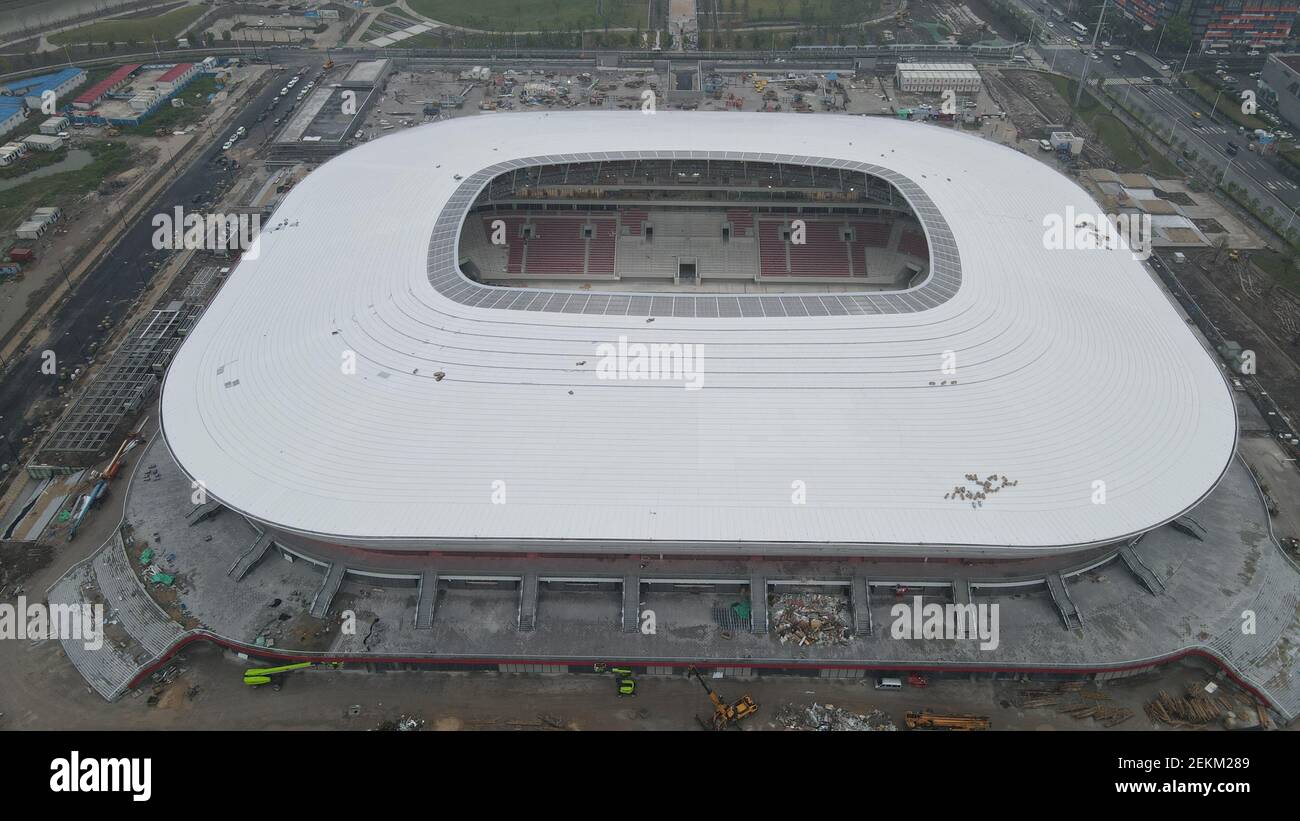 Aerial view of the Pudong Football Stadium where the League of Legends ...