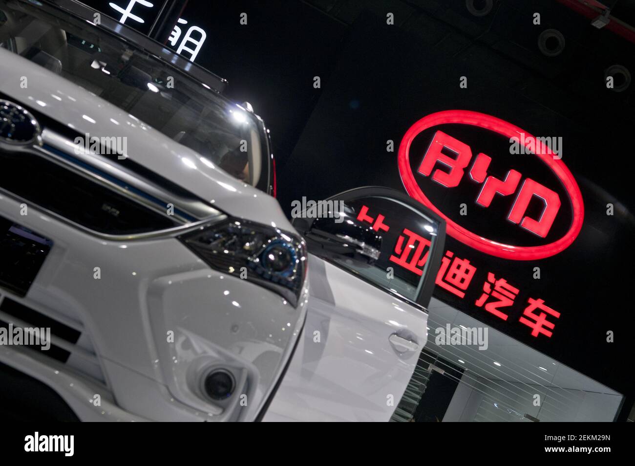 In this unlocated and undated photo, both the model and the logo of BYD ...