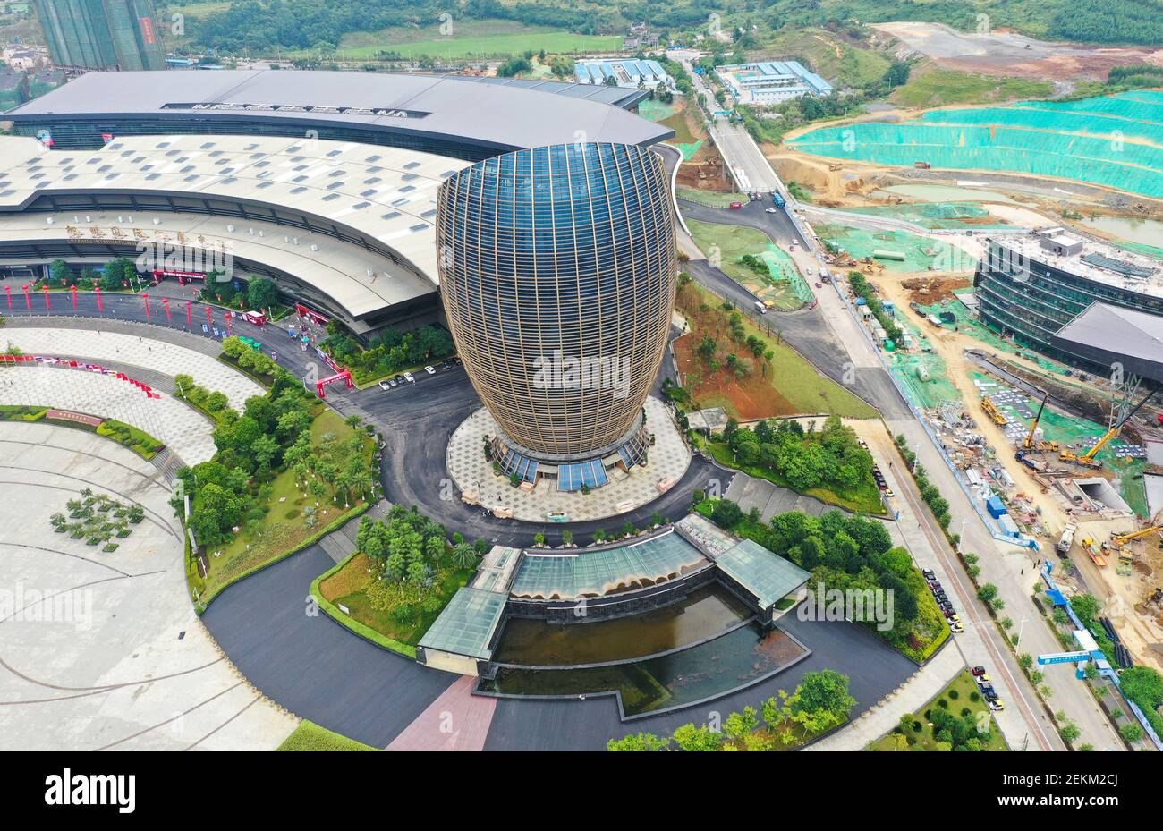 Aerial view of the strange egg-shaped office building in Liuzhou city ...